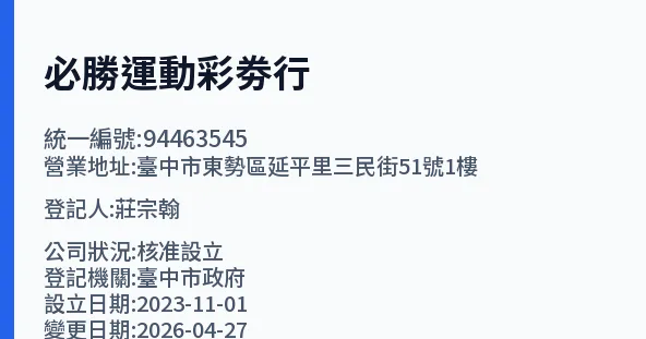 必勝運動彩劵行的照片-統編 94463545(臺中市) 公司登記資料與營業項目詳細圖表