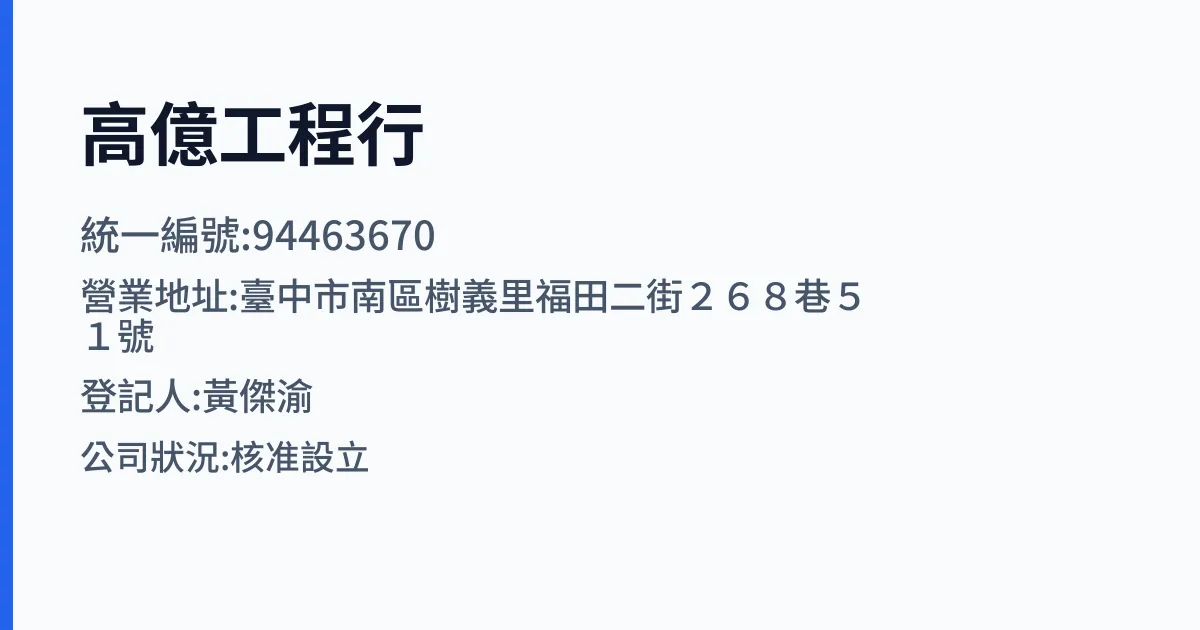 高億工程行 - 統編 94463670(臺中市) 公司登記資料與營業項目詳細圖表