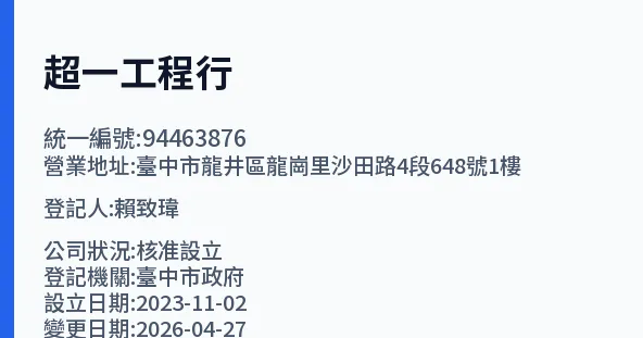 超一工程行的照片-統編 94463876(臺中市) 公司登記資料與營業項目詳細圖表