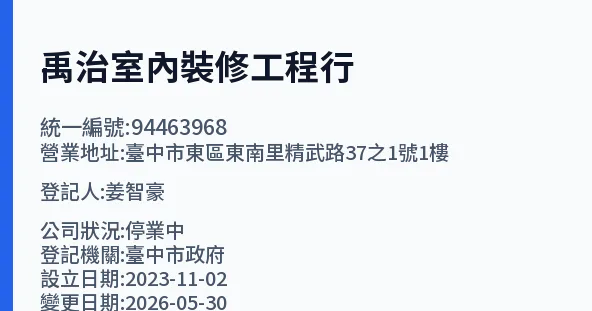 禹治室內裝修工程行的照片-統編 94463968(臺中市) 公司登記資料與營業項目詳細圖表