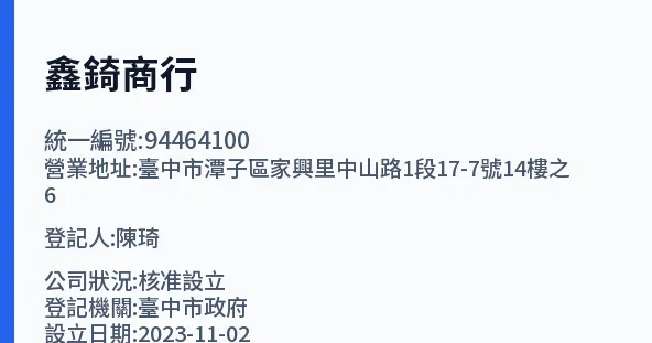鑫錡商行的照片-統編 94464100(臺中市) 公司登記資料與營業項目詳細圖表
