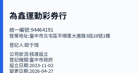 為鑫運動彩券行的照片-統編 94464191(臺中市) 公司登記資料與營業項目詳細圖表