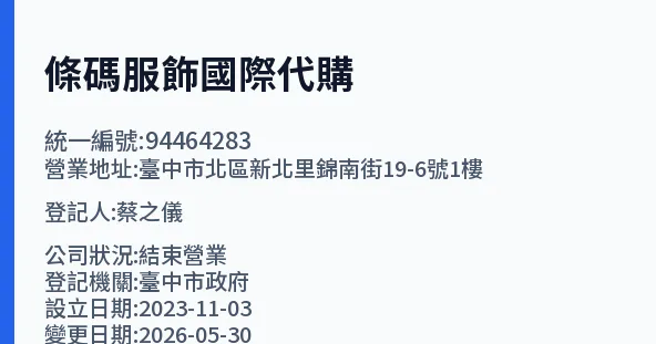 條碼服飾國際代購的照片-統編 94464283(臺中市) 公司登記資料與營業項目詳細圖表