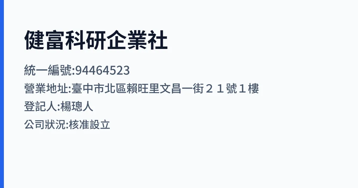 健富科研企業社 - 統編 94464523(臺中市) 公司登記資料與營業項目詳細圖表
