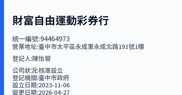 財富自由運動彩券行的照片-統編 94464973(臺中市) 公司登記資料與營業項目詳細圖表
