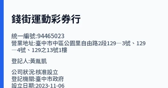 錢街運動彩券行的照片-統編 94465023(臺中市) 公司登記資料與營業項目詳細圖表