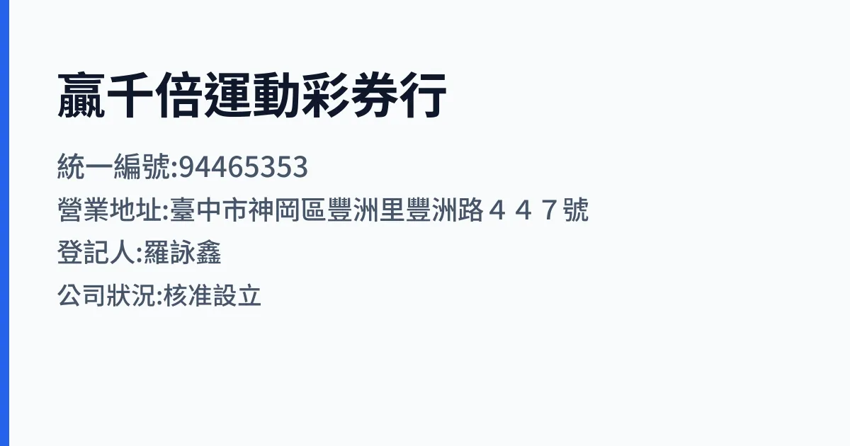 贏千倍運動彩券行 - 統編 94465353(臺中市) 公司登記資料與營業項目詳細圖表