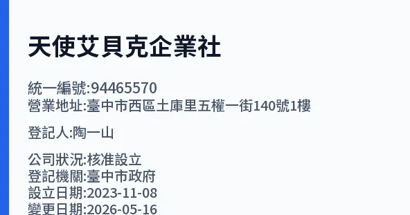 天使艾貝克企業社的照片-統編 94465570(臺中市) 公司登記資料與營業項目詳細圖表