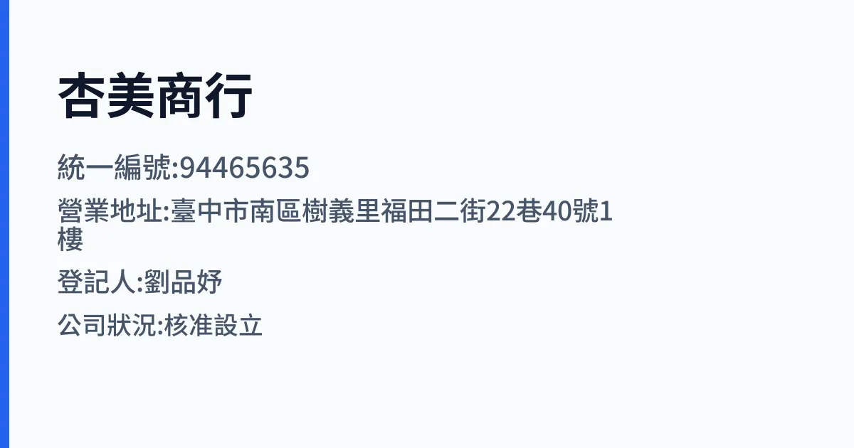 杏美商行 - 統編 94465635(臺中市) 公司登記資料與營業項目詳細圖表