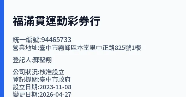 福滿貫運動彩券行的照片-統編 94465733(臺中市) 公司登記資料與營業項目詳細圖表