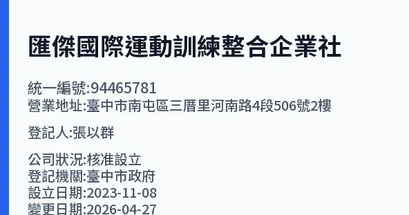 匯傑國際運動訓練整合企業社的照片-統編 94465781(臺中市) 公司登記資料與營業項目詳細圖表