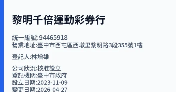 黎明千倍運動彩券行的照片-統編 94465918(臺中市) 公司登記資料與營業項目詳細圖表