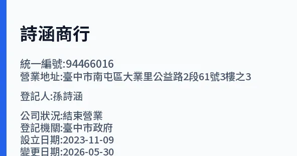 詩涵商行的照片-統編 94466016(臺中市) 公司登記資料與營業項目詳細圖表