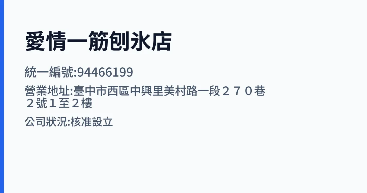 愛情一筋刨氷店 - 統編 94466199(臺中市) 公司登記資料與營業項目詳細圖表