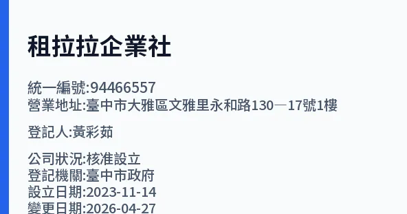 租拉拉企業社的照片-統編 94466557(臺中市) 公司登記資料與營業項目詳細圖表