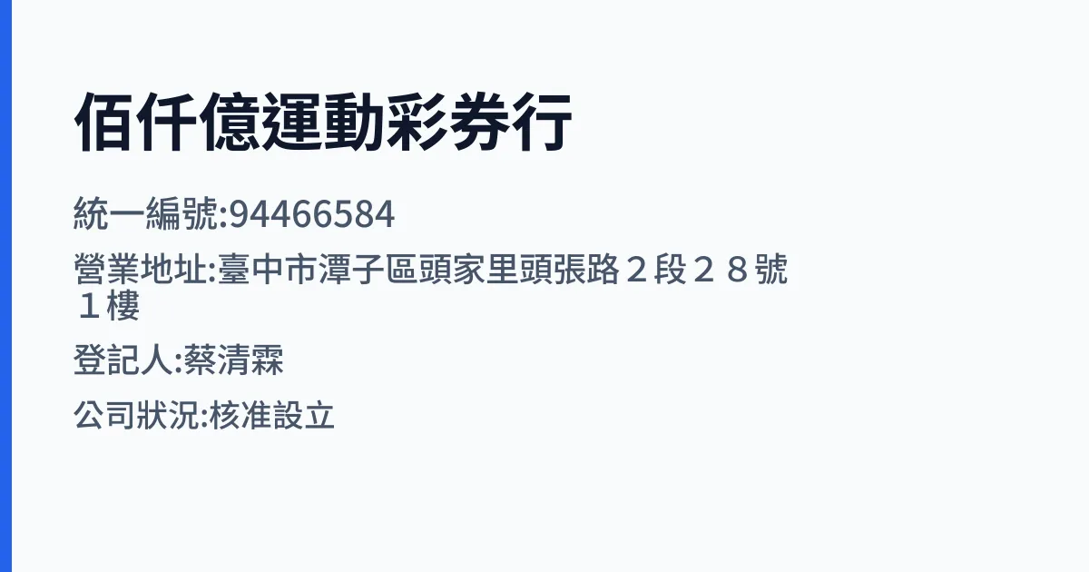 佰仟億運動彩券行 - 統編 94466584(臺中市) 公司登記資料與營業項目詳細圖表