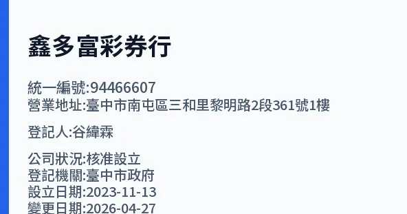 鑫多富彩券行的照片-統編 94466607(臺中市) 公司登記資料與營業項目詳細圖表