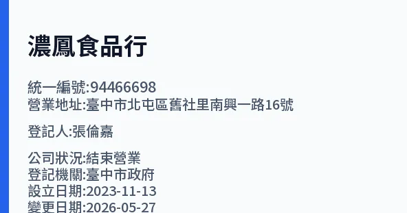 濃鳳食品行的照片-統編 94466698(臺中市) 公司登記資料與營業項目詳細圖表