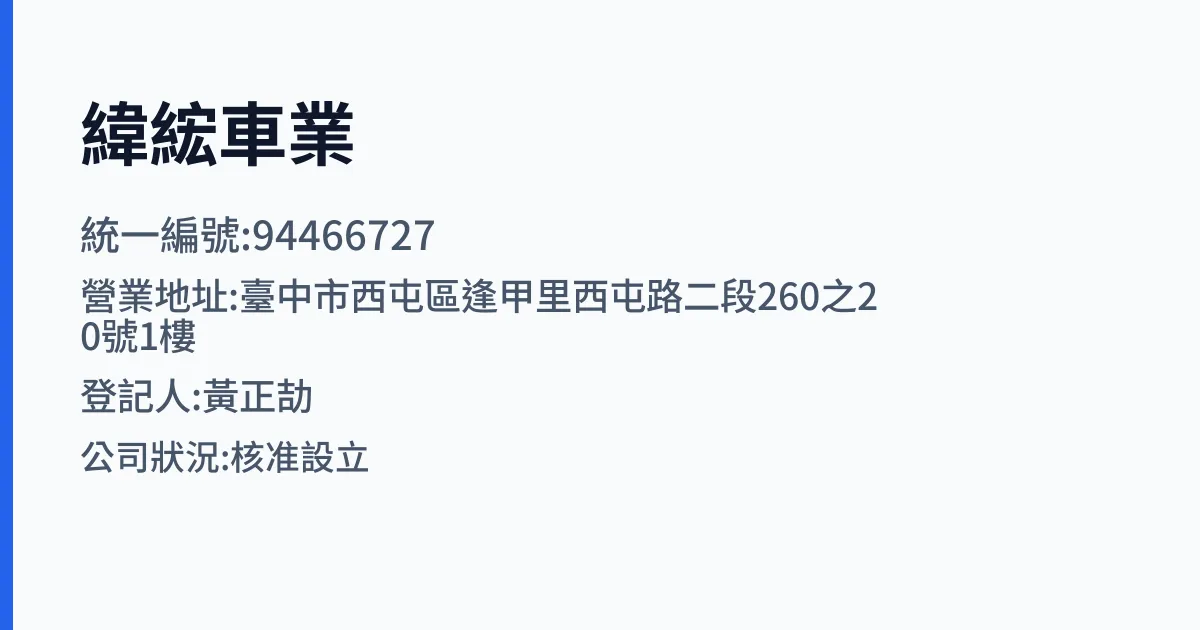 緯綋車業 - 統編 94466727(臺中市) 公司登記資料與營業項目詳細圖表