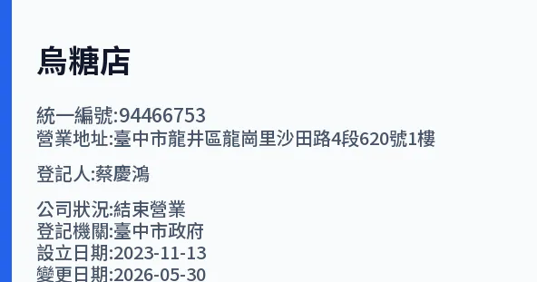 烏糖店的照片-統編 94466753(臺中市) 公司登記資料與營業項目詳細圖表