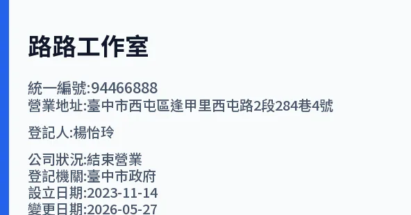路路工作室的照片-統編 94466888(臺中市) 公司登記資料與營業項目詳細圖表