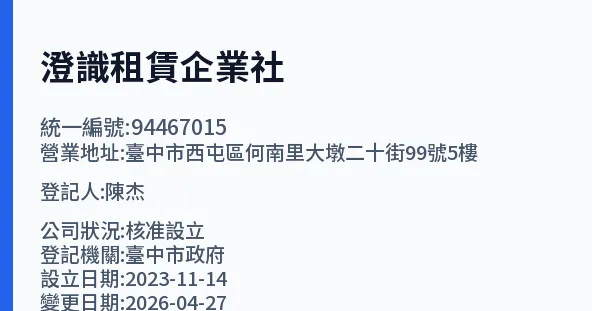 澄識租賃企業社的照片-統編 94467015(臺中市) 公司登記資料與營業項目詳細圖表