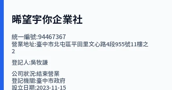 晞望宇你企業社的照片-統編 94467367(臺中市) 公司登記資料與營業項目詳細圖表