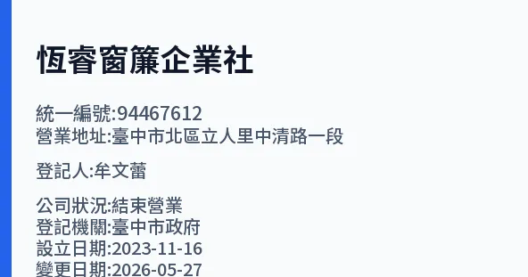 恆睿窗簾企業社的照片-統編 94467612(臺中市) 公司登記資料與營業項目詳細圖表