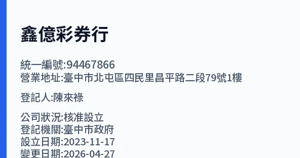 鑫億彩券行的照片-統編 94467866(臺中市) 公司登記資料與營業項目詳細圖表