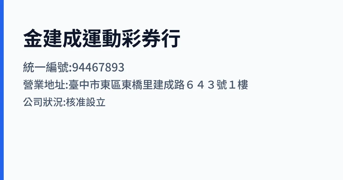 金建成運動彩券行 - 統編 94467893(臺中市) 公司登記資料與營業項目詳細圖表