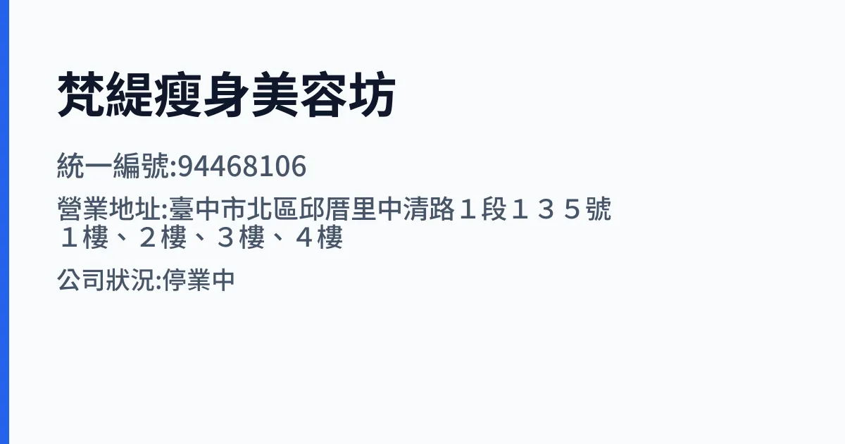 梵緹瘦身美容坊 - 統編 94468106(臺中市) 公司登記資料與營業項目詳細圖表
