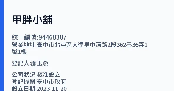 甲胖小舖的照片-統編 94468387(臺中市) 公司登記資料與營業項目詳細圖表