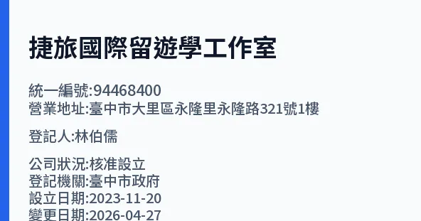捷旅國際留遊學工作室的照片-統編 94468400(臺中市) 公司登記資料與營業項目詳細圖表