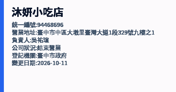 沐妍小吃店的照片-統編 94468696(臺中市) 公司登記資料與營業項目詳細圖表