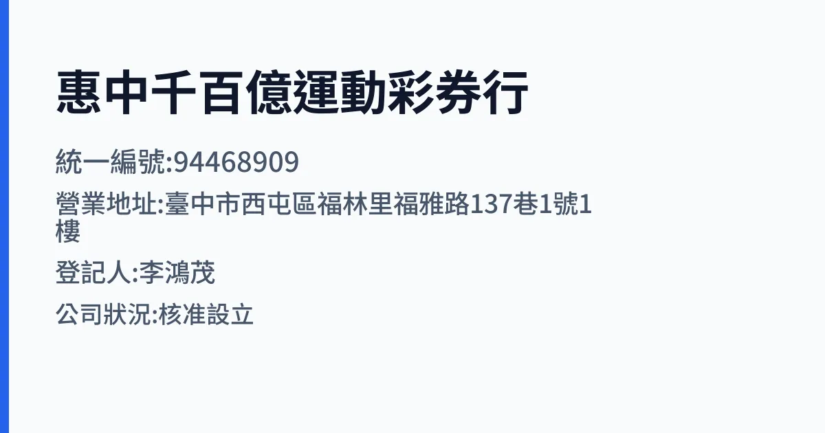 惠中千百億運動彩券行 - 統編 94468909(臺中市) 公司登記資料與營業項目詳細圖表