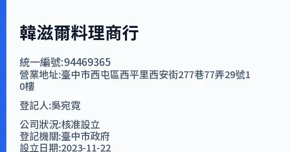 韓滋爾料理商行的照片-統編 94469365(臺中市) 公司登記資料與營業項目詳細圖表