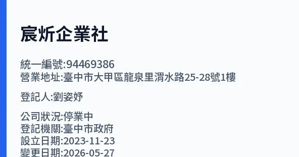 宸炘企業社的照片-統編 94469386(臺中市) 公司登記資料與營業項目詳細圖表