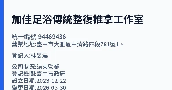 加佳足浴傳統整復推拿工作室的照片-統編 94469436(臺中市) 公司登記資料與營業項目詳細圖表