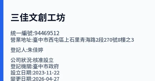 三佳文創工坊的照片-統編 94469512(臺中市) 公司登記資料與營業項目詳細圖表