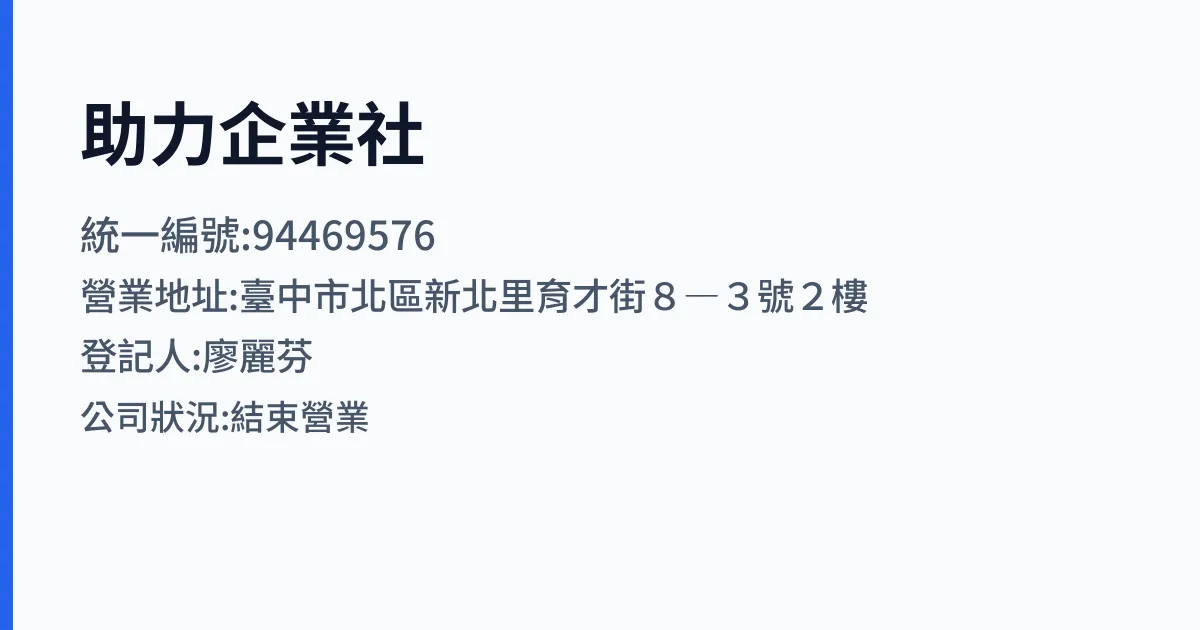 助力企業社 - 統編 94469576(臺中市) 公司登記資料與營業項目詳細圖表