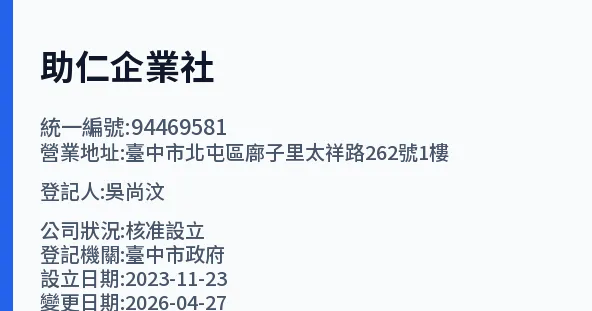 助仁企業社的照片-統編 94469581(臺中市) 公司登記資料與營業項目詳細圖表
