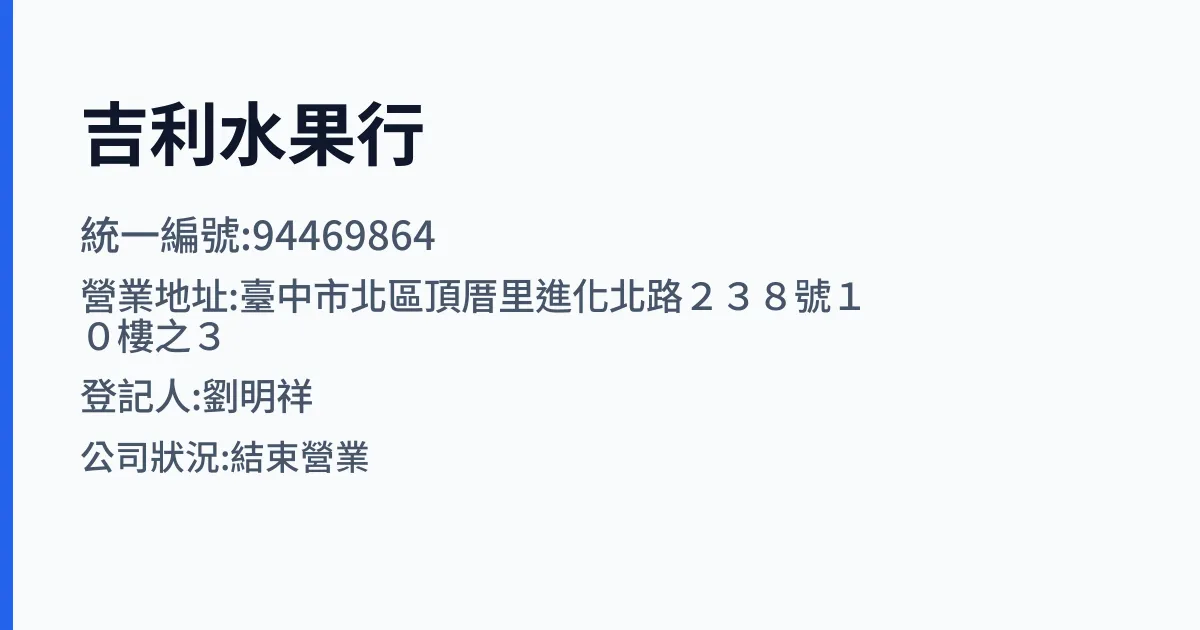 吉利水果行 - 統編 94469864(臺中市) 公司登記資料與營業項目詳細圖表