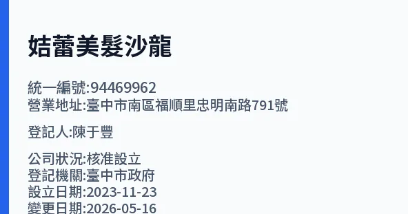 姞蕾美髮沙龍的照片-統編 94469962(臺中市) 公司登記資料與營業項目詳細圖表
