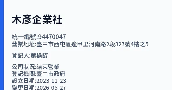 木彥企業社的照片-統編 94470047(臺中市) 公司登記資料與營業項目詳細圖表