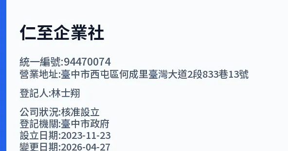 仁至企業社的照片-統編 94470074(臺中市) 公司登記資料與營業項目詳細圖表