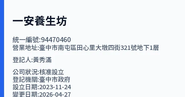 一安養生坊的照片-統編 94470460(臺中市) 公司登記資料與營業項目詳細圖表