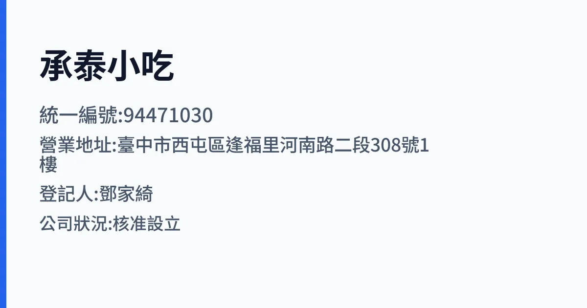 承泰小吃 - 統編 94471030(臺中市) 公司登記資料與營業項目詳細圖表