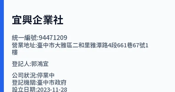 宜興企業社的照片-統編 94471209(臺中市) 公司登記資料與營業項目詳細圖表