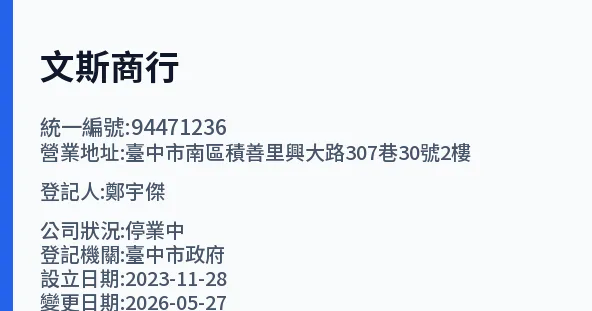 文斯商行的照片-統編 94471236(臺中市) 公司登記資料與營業項目詳細圖表