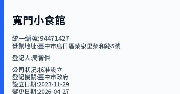 寬門小食館的照片-統編 94471427(臺中市) 公司登記資料與營業項目詳細圖表